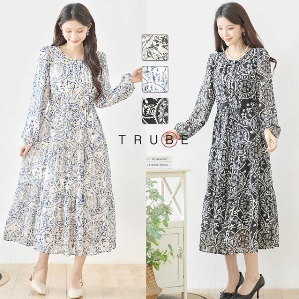 TRUBE ワンピース 長袖 オリエンタル調 プリント シフォン ミモレ丈 チュニック レディース 婦人服 春 夏 M L 黒 アイボリー 青 30代 40代 50代 60代 即日発送 送料無料 体型カバー ドレス 通勤 日常着 普段着 旅...