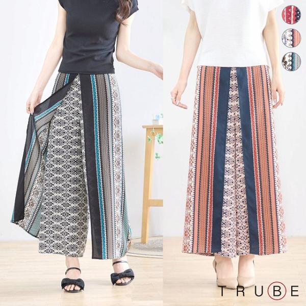 TRUBE パンツ クロップドパンツ エスニック柄 総プリント チュニック フレア ロング丈 M L フリー 春 夏 20代 30代 40代 50代 60代 即日発送 送料無料 日常着 旅行 通勤 カジュアル おしゃれ レイヤード パンツ2...
