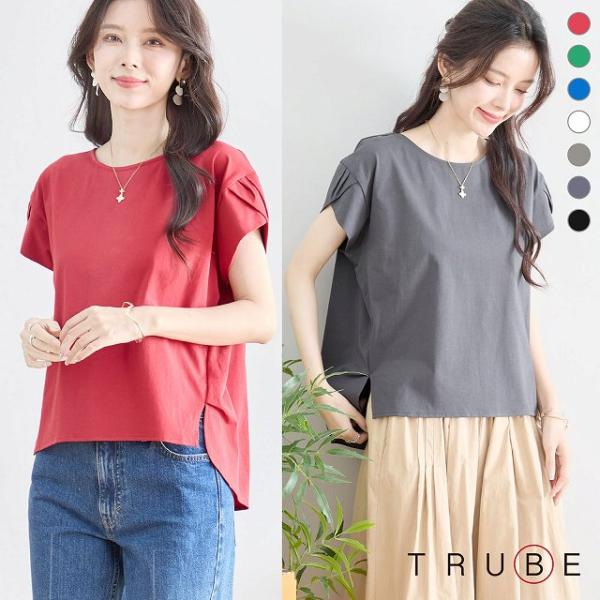 カットソー トップス プルオーバー Tシャツ 半袖 無地 綿 コットン ブラウス チュニック 婦人服 普段着 通勤 お出かけ おしゃれ 春 夏 M L フリー 快適  カジュアル 即日発送 メール便 送料無料 チュニック324 TRUBE ...