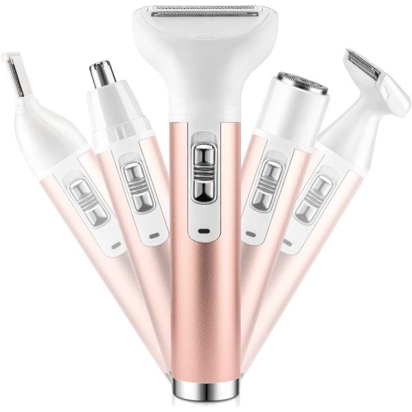 【5in1レディースシェーバー】 ボディーシェーバー、VIO専用シェーバー、フェイスシェーバー、眉毛カッター、鼻毛カッター5つの機能がある充電式の女性用シェーバーです。顔、産毛、眉毛、脇、腕、足、下の毛、鼻毛、耳毛等全身用電気シェイバーで、...