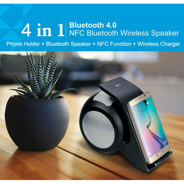 製品名: 4-in-1 Bluetooth NFCワイヤレススピーカー? 機能: Bluetoothスピーカー、ワイヤレス充電、スマホスタンド、NFC接続? Bluetoothバージョン: 4.0? ワイヤレス充電: Qi対応デバイス対応?...