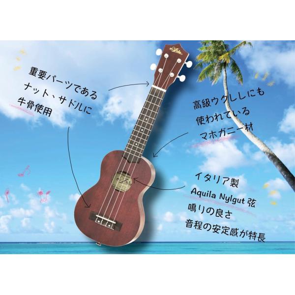 沖縄・離島以外送料無料!!シンプルなデザインとナチュラルな質感のつや消し塗装により、落ち着いた雰囲気を醸し出すソプラノ・ウクレレ。マホガニー材の採用による柔らかく甘いサウンドが特徴です。ギア式ペグの採用によりチューニングの精度が向上。弦も評...