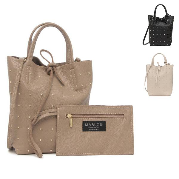 マーロン ハンドバッグ ショルダーバッグ レディース MARLON BS0583 SHOPPER MINI TOTAL STUDS SILVER 2WAY スタッズ・カラー：(1)NERO(D28) ブラック , (2)PANNA(D37)...