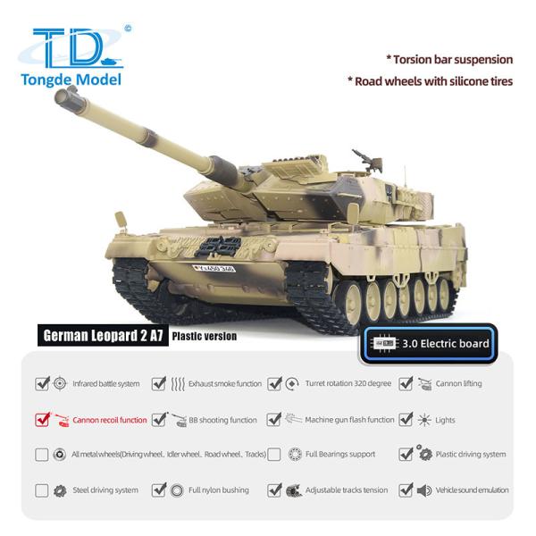 Tongde Model 1/16 レオパルド Leopard 2 A7  2.4GHz（プラ製ギアボックス・プラ製キャタピラ・プラ製ホイール・BBリコイル・サウンド・発煙仕様）L2023■スケール：1/16■サイズ：全長650mm 全幅：...
