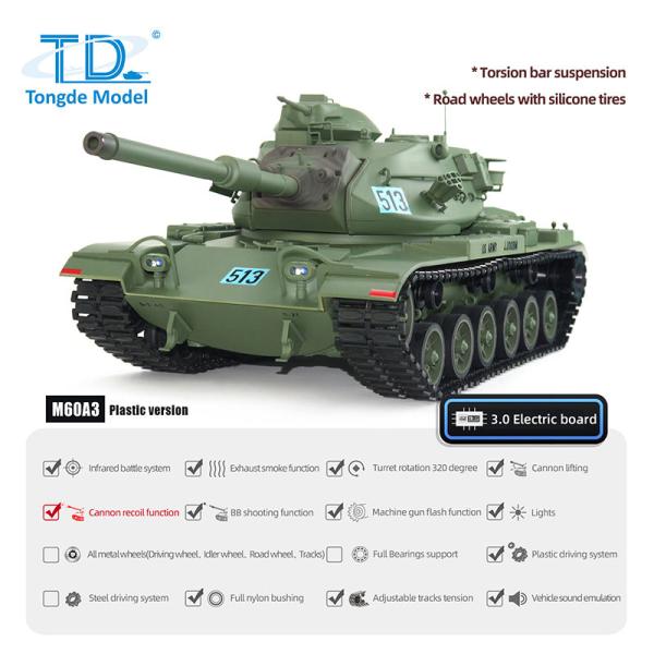 Tongde Model 1/16  M60A3 W/ERA USA  2.4GHz（プラ製ギアボックス・プラ製キャタピラ・プラ製ホイール・BBリコイル・サウンド・発煙仕様）M2022-3■スケール：1/16■サイズ：全長600mm 全幅：...