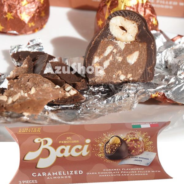Baci(バッチ)キャラメルアーモンドは、細かく刻んだヘーゼルナッツとキャラメルアーモンドチョップを合わせたジャンドゥーヤに丸ごとヘーゼルナッツを飾り、キャラメルの香りをまとったダークチョコレートでコーティングしたチョコレートトリュフ。アー...