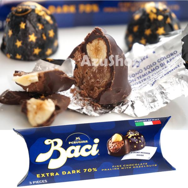 Baciエキストラダークチョコレートは、キャラメリゼしたカカオニブを合わせたクリーミーなジャンドゥーヤに丸ごとヘーゼルナッツを飾り、70％カカオ分のダークチョコレートでコーティングした、ほろ苦いチョコレートトリュフ。Baci1907年に4人...