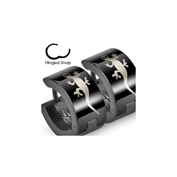 【送料無料】【金属アレルギー対応】【アレルギーフリー】　　トカゲ柄のワンタッチ式ピアス。医療用のステンレスにブラックのPVDチタンコーティングで色付けしてありますので色ハゲや金属アレルギーの心配がほとんどありません。※二個セットのお値段です...