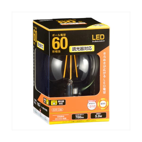 メーカー：オーム電機JAN：4971275634985型番：LDG5L/D C6 06-3498■商品説明■● きらめきが広がるLED電球フィラメントタイプ● ボール電球60W相当の明るさ● 調光器対応（明るさ調整）● 光の広がり約310°...