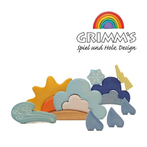 晴、曇、雨、雷、雪、風…天気を表すモチーフの積木です。メーカー：ＧＲＩＭＭ’Ｓ（グリムス）社サイズ　：白い雲 10.5×5.5×2cm素　材　：シナ材内　容　：13ヶ年齢目安：3歳ころから生産国　：ボスニアヘルツェゴビナその他　：箱入り備　...