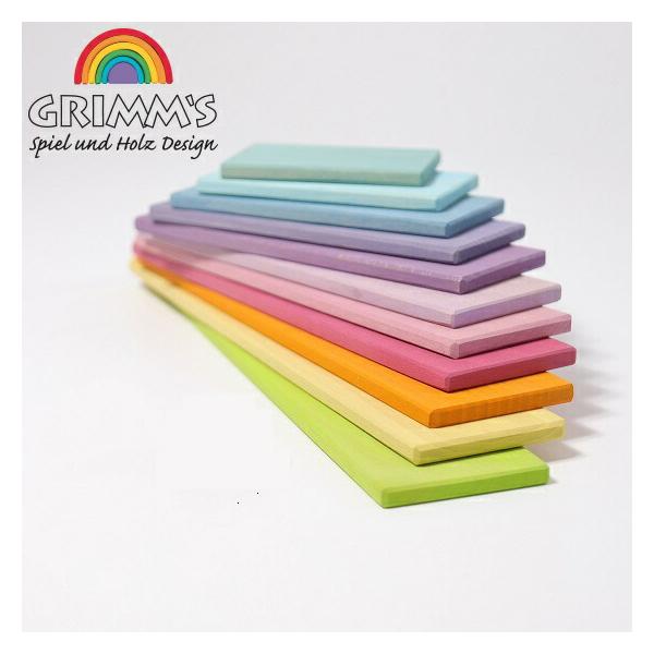 GRIMM'S社らしい色鮮やかな木製玩具です。パステルアーチ大やアーチレインボー大、虹色トンネル特大などと互換性のある長方形のボードです。色々な積み木と組み合わせることにより、平面はもちろん、立体や空間の遊びへと展開できます。メーカー：GR...
