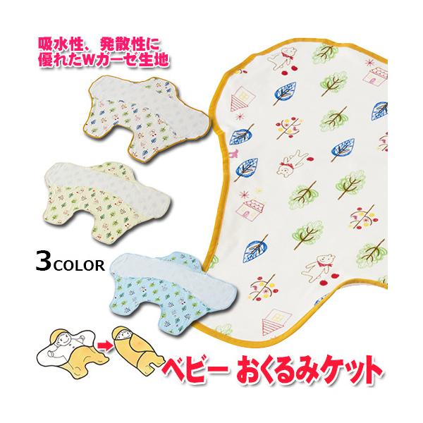 フジキ　Wガーゼおくるみケット　フォレストフレンズ　ホワイト　イエロー　サックス　Wガーゼ生地　おくるみ　アフガン　抱っこ　チャイルドシート　ベビーカー　赤ちゃん　新生児〜