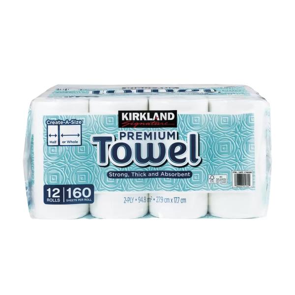 コストコで大人気！カークランドシグネチャーのペーパータオル！2枚重ねのシートで厚く、強く、高吸水。使用用途に合わせて1シートを半分に切って使えるよう、切れ目が入っております。1袋12ロール入り1ロール160シート入り【商品サイズ】58cm ...