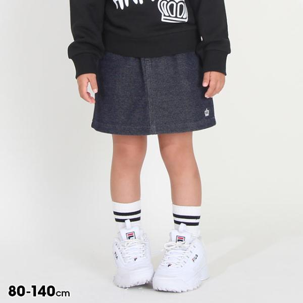 カジュアルコーデのマストアイテムデニム風スカート♪デニム見えするストレッチの効いたカットソー素材で、履き心地も動きやすさも◎どんなコーデにも合わせやすく、１枚あれば着回し力抜群★ベビーサイズ キッズ 女の子 こども 子ども服 ボトムス ショ...