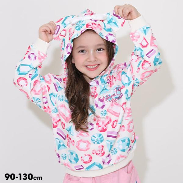 キラキラジュエリーの総柄が遊び心満点のパーカー★かわいいミニーの耳とリボン付きフードもガーリーさをプラス♪軽やかで動きやすいダンボールニット素材なので、リラックスな着心地◎ショートパンツやスカートとの相性も良く、普段着としてもお出かけコーデ...