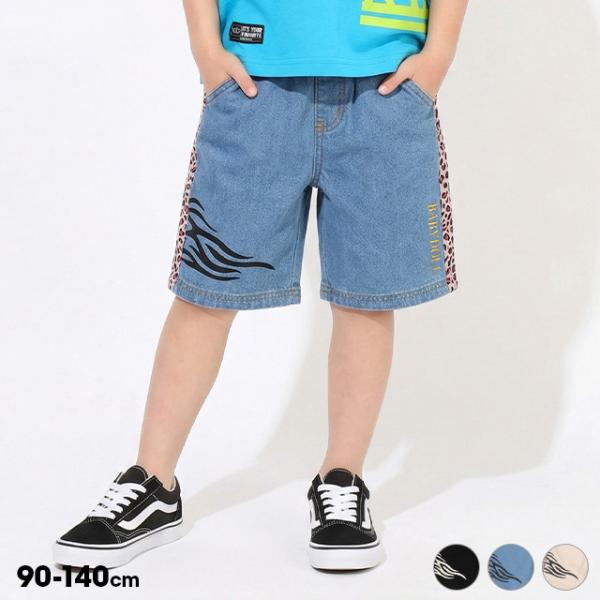 アニマル柄×バギーシルエットがトレンド感たっぷりのデニムハーフパンツ★サイドのライン切替と刺しゅう入りのロゴがゴージャス感をプラス◎やわらかいデニム素材なので動きやすく、ウエストゴム仕様でお腹周りもラクラク♪ベビーサイズ キッズ 男の子 子...