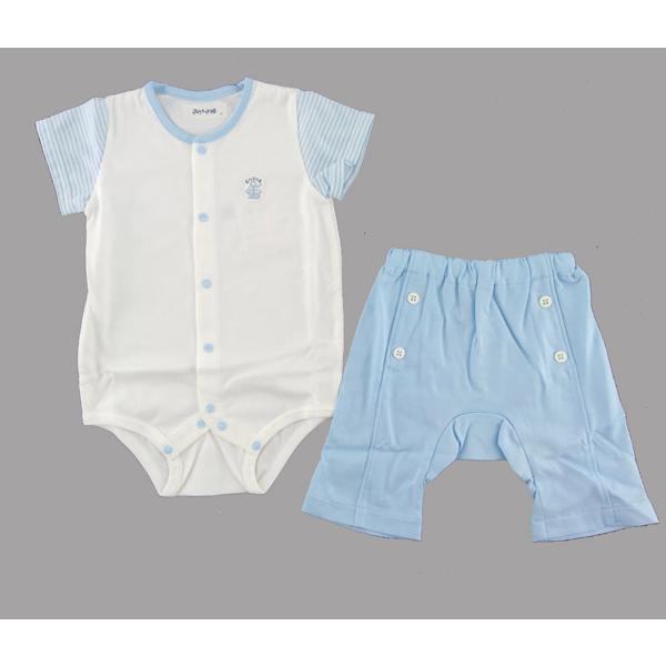 ボディーシャツ＆パンツ　マリン夏らしいイカリマークの刺繍入り。パンツのデザインもおしゃれですよ♪夏向けの素材を使用して、優しい肌触り。前ホックの股下まで全開なのでおむつ替えやお着替えにも便利ですね。縫製、素材に自信のある赤ちゃんの城。サイス...
