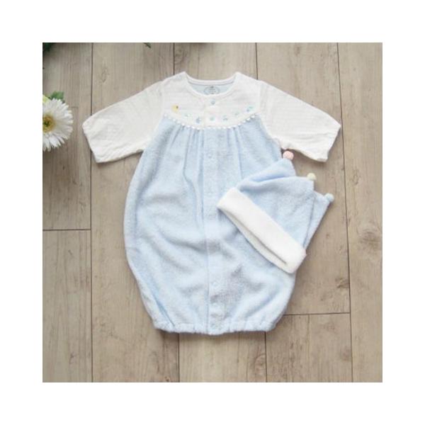 肌触りの柔らかい甘撚（あまよ）りパイルのツーウェイオール・お帽子の2点セット！股部分はスナップボタンの付け方を変えるとカバーオールにもなる便利なツーウェイタイプ♪ドレスの表示サイズ50から70実寸で45センチ（やや短め　標準は50センチ）袖...