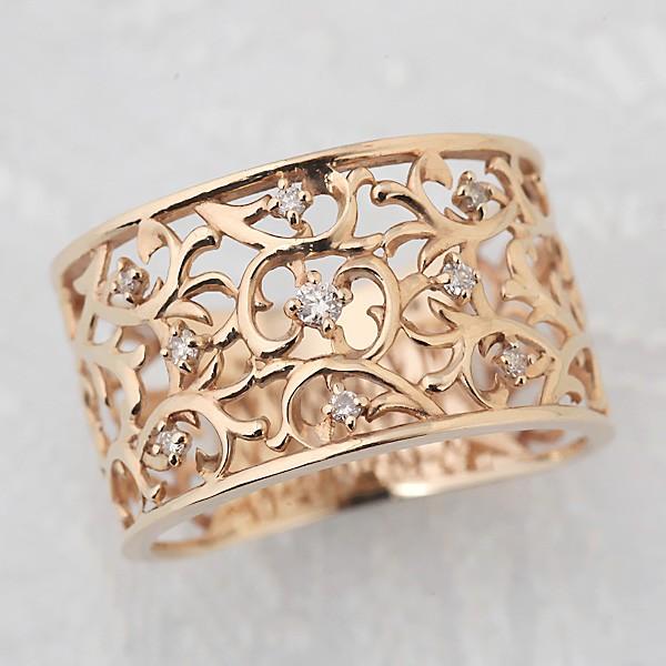 蔦モチーフ　幅広の透かし編み風ダイヤモンドリング♪ ９石の無色透明、照りの良いダイヤモンドを厳選し 石目合計0.08ｃｔ・SIクラス・Hカラー以上を使用。リングサイズは７号〜１６号まで。 中間サイズ（コンマ５）も作成可能です。 選べる金種は...