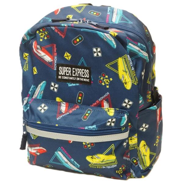 ★丸高衣料Kids Foretキッズフォーレの　JRコラボシリーズ★はやぶさ、こまち、ドクターイエローなどの、　総柄プリントベビーリュック★胸元ストッパー付きで肩紐ズレ防止★正面ポケット部分に反射材をが付いています★内側におなまえスペース付...