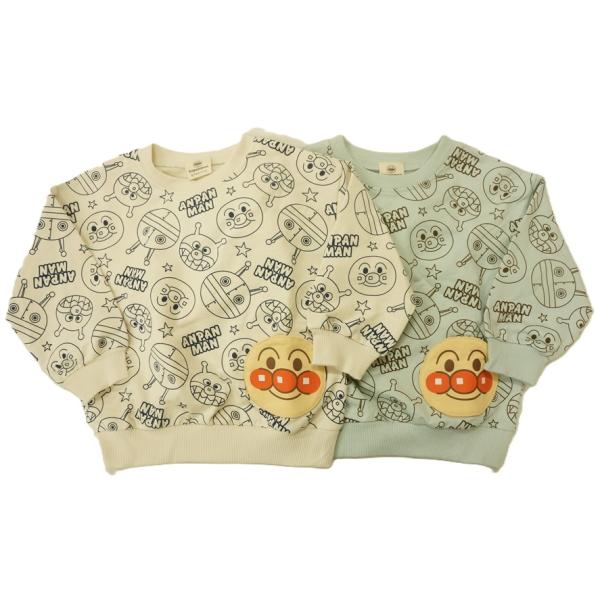 小さな子供も大好き！アンパンマンシリーズアンパンマン・ばいきんまん・だだんだん2号の総柄プリントにアンパンマンの顔ポッケが付いた可愛いデザインの長袖トレーナー♪カラーは２色【アイボリー】【グリーン】参考コメント：サックスに近いお色です★裏毛...