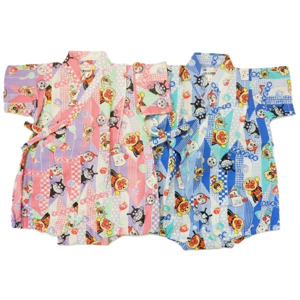 アンパンマン甚平ロンパースアンパンマンばいきんまんドキンちゃんコキンちゃん達の和柄ロンパス成長記録写真や記念撮影にもGoodアルバムの1ページに可愛くにっこり幼き夏の思い出に！★夏に適したカスリドビー素材★オムツ替えに便利な股下ボタ★お風呂...