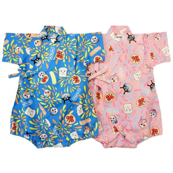 アンパンマン甚平ロンパースアンパンマンばいきんまんしょくぱんまんドキンちゃんコキンちゃん達の和柄ロンパス成長記録写真や記念撮影にもGoodアルバムの1ページに可愛くにっこり幼き夏の思い出に！★夏に適したカスリドビー素材★オムツ替えに便利な股...