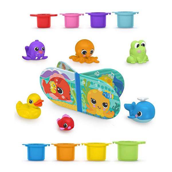 ■15個のおもちゃが入ったセットです。　お風呂でもお部屋でも楽しめます。■6匹のいきものはお水に浮かべて遊べます。　＜アヒル、クジラ、カエル、魚、たこ、セイウチ＞■大きさの違う8種類のカップは　それぞれ底に穴が開いていて、　お水を入れるとシ...