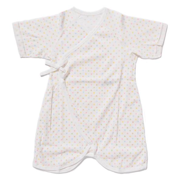 お着替えも楽しくなるこんぺいとうをちりばめたようなかわいい多色水玉柄ですのコンビ肌着です。生まれてすぐの赤ちゃんは体温調節が未熟でとっても汗っかき！短肌着とコンビ肌着の重ね着が基本です。重ね着することで空気層ができるので体温調節を助けます。...