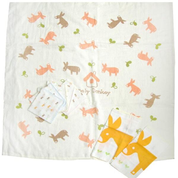 ★毎日の赤ちゃんのお世話をもっと楽しく！　オシャレなロバ柄の沐浴セットです★新陳代謝が活発な赤ちゃんだから　毎日欠かせない沐浴や赤ちゃんのお世話に　欠かせないグッズを取り揃えました★ガーゼハンカチ32×32cm×5枚　入浴ガーゼ32×70c...