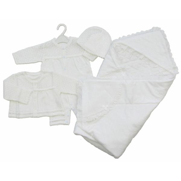 ★退院のお祝いやお披露目など　ちょっとおめかししたい時に使いたい　純真無垢な赤ちゃんに許された　白いワードローブのセットです★綿100％のやわらかな糸で編みあげた　やさしい風合いが魅力のシリーズです★セレモニーからおでかけまでオールマイティ...