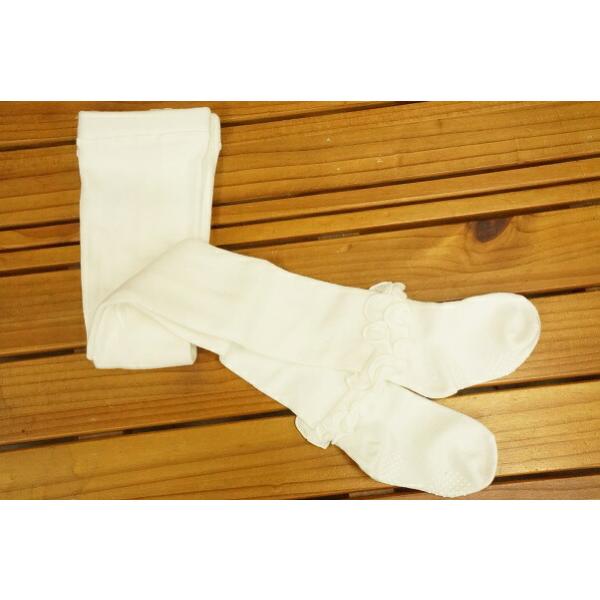 ★普段着に合わせるのも、もちろん！シンプルなので　お祝い事などの、フォーマルタイツとしても！！★ハーフパンツや、七分パンツ・オーバーパンツ　ブルマやワンピースなどの重ね着に！　無地だから、合わせやすく重宝です。★裾のフリルが可愛い女の子の柄...