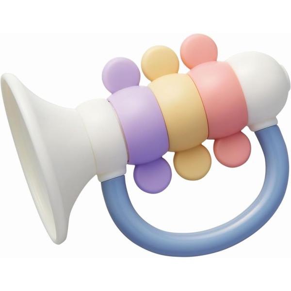 ★ラの音のゆびあそびラッパ★8ヵ月頃から使えます★水洗いできるからいつでも清潔★軽くて持ちやすくて指遊びもできるラッパ　吹くと耳に心地いい響きのラ♪の音が鳴ります　日本教育楽器と共同開発した、　特許取得の本格的なラッパ音です。　持ちやすくク...