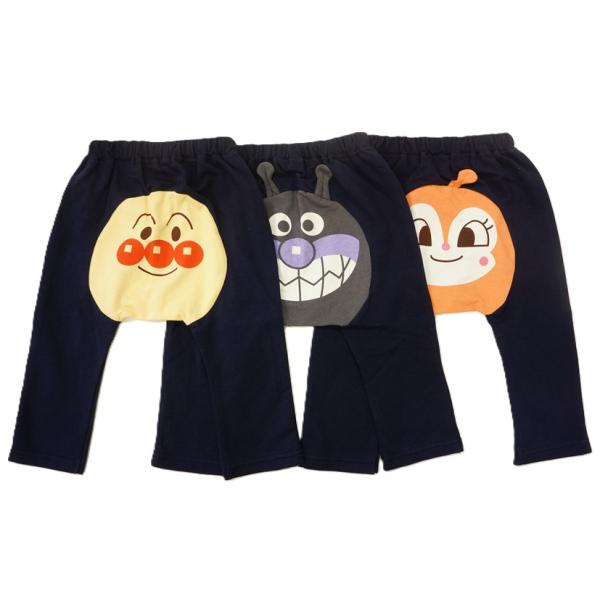 小さな子供も大好き！アンパンマンシリーズおむつ時代にもぴったり！可愛いおしりまち付きパンツおしりが、あんぱんまん、バイキンマ、ドキンちゃんのお顔になってます左足裾にワッペン付きベビーに人気の定番ボトムスです保育園や子供園・託児所などのお着替...