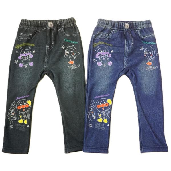 小さな子供も大好き！アンパンマンシリーズフロントボタン、コインポケット、スクープポケットベルトループ、バックポケット、ステッチなど本物デニムパンツにそっくりプリント転写プリントのデニム風パンツトップスに合わせやすいカラーデザイン秋や冬に活躍...
