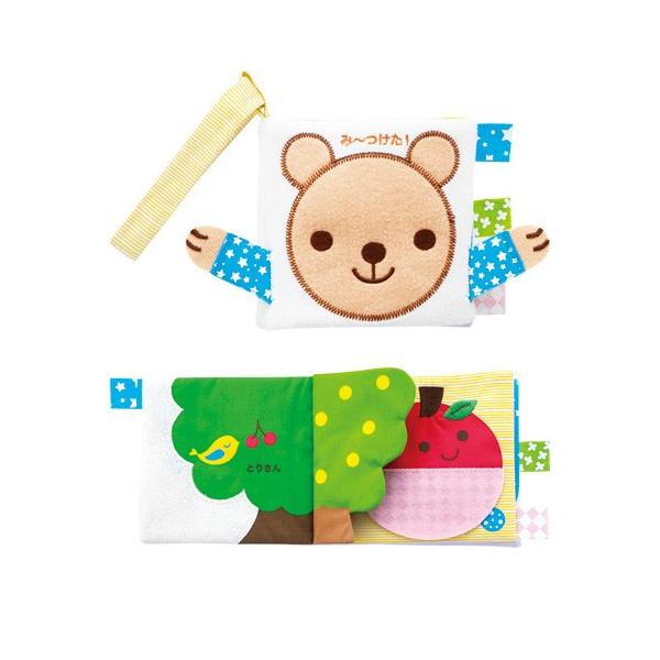 ベビーカーなどに取り付けられる、やわらか素材の布絵本。紙の絵本と違って溶けることがなく、角がないから安心です。赤ちゃんの大好きないないいないばあが6種類、「タグ」「カサカサ音」「押し笛」など音や動きのある指遊びがいっぱいで、いろいろ手触りが...