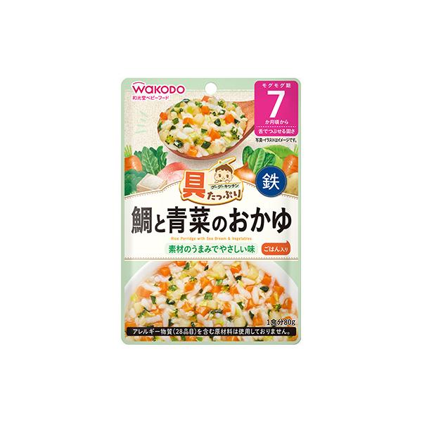 食べやすくほぐした鯛と2種の青菜を含むたっぷり野菜を、お米と一緒に魚介のうまみがきいただしでふっくら炊き上げました。【内容量】 80g【栄養成分表示】1袋80g当たり／エネルギー：41kcal　たんぱく質：1.0g　脂質：0.14g　炭水化...