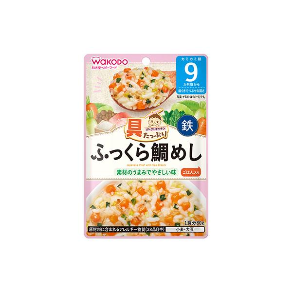 きのこと野菜をごはんに混ぜ込み、ふっくら炊き上げた鯛めしです。【内容量】 80g【栄養成分表示】1袋80g当たり／エネルギー：42kcal　たんぱく質：1.1g　脂質：0.18g　炭水化物：8.9g　食塩相当量：0.26g　鉄：1.5mg【...