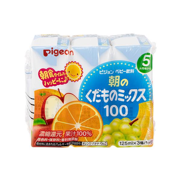 軽くて持ち運びに便利な紙パック飲料。曲がるストローなので、お子様の飲みやすい角度で飲めます。朝食タイムがわくわく1日ハッピーに♪4種類のフルーツ（ぶどう、りんご、バナナ、オレンジ）をミックスした朝にぴったりの果汁100%ジュースです。着色料...