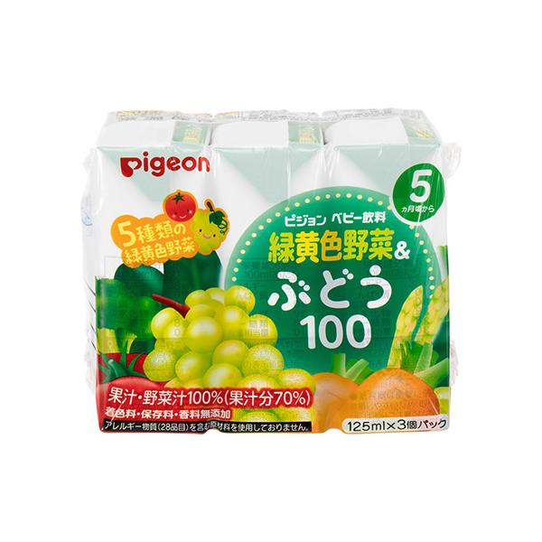 軽くて持ち運びに便利な紙パック飲料。曲がるストローなので、お子様の飲みやすい角度で飲めます。5種類の緑黄色野菜（トマト・にんじん・アスパラガス・ほうれん草・ブロッコリー）とぶどうをお子さまに飲みやすくブレンドしました。果汁＋野菜汁100％（...