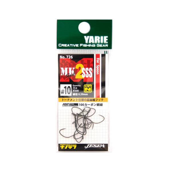 ヤリエMKフック2　SSS　No.726◆入数：15個入◆サイズ：＃10/＃8/＃7/＃6★トーナメント用フックです。カーボン100の銅線を使用し、ナノテフ加工・平打ち加工により針先の鋭さと耐久性を追及しました。超細軸仕様なので針掛りがスピ...