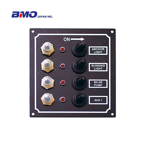 LEDランプ表示のスイッチパネルです。オンオフスイッチ、リセットボタンとも、防水カバーがされています。■高さ：125mm■幅：115mm■奥行：48mm■奥行：48mm■取付ネジピッチ：112×105mm