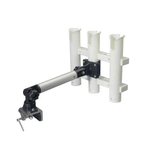 3連ロッドホルダー（コンパクト万力セット）インフレータブルボートのトランサムに取付するのにピッタリなコンパクト万力が付属した3連ロッドホルダー（一体型）です。付属の万力は縦付け・横付けのどちらも出来るため、椅子板への取付も可能です。【製品仕...