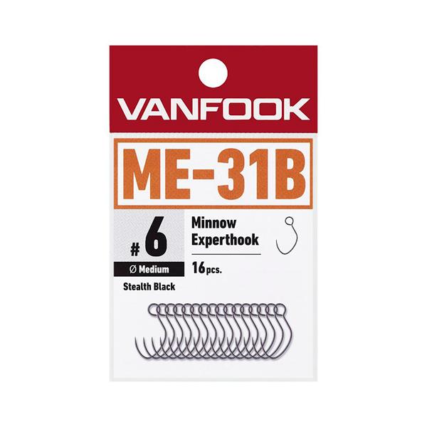 ヴァンフックミノーエキスパートフック　ME-31B　ミディアムワイヤー◆入数：16本入◆サイズ：＃8/＃6/＃5/＃4◆カラー：ステルスブラック★独自形状を採用したエリアミノー専用フック「ME-31B」はフック同士が絡まる、ルアーの背中を抱...