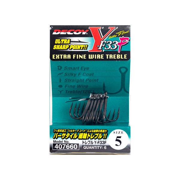 デコイ　Y-F33F　トレブル(シルキーブラック)　■フックカラー：SILKY BLACK■SIZE-QTY：#8-8、#7-8、#5-6、#3-6、#2-4大小あらゆるバス用プラグに対応するファイントレブル。●摩擦係数が低く、より滑らかな...