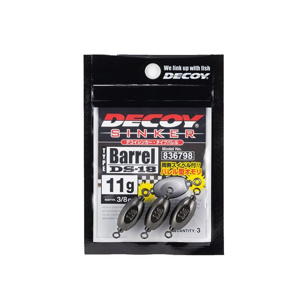 デコイ　シンカー　タイプバレル　DS-18H■SIZE-QTY：18g-3、21g-3、28g-3■COLOR：Gun Black高回転スイベルを上下に備え、糸ヨレを軽減するタル型シンカーです。ルアーフィッシングでは、キャロライナリグやキャ...