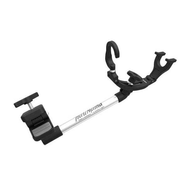 釣武者マイティーアーム■材質：クランプ竿受（GFRP）/ネジ・ピン類（ステンレス）■自重：345g■仕舞寸：W70/D95/H275■取り付けパイプ径：10〜34mmレジャー椅子、クーラー、手すりパイプ、取り付け簡単な万能タイプの竿受けです...