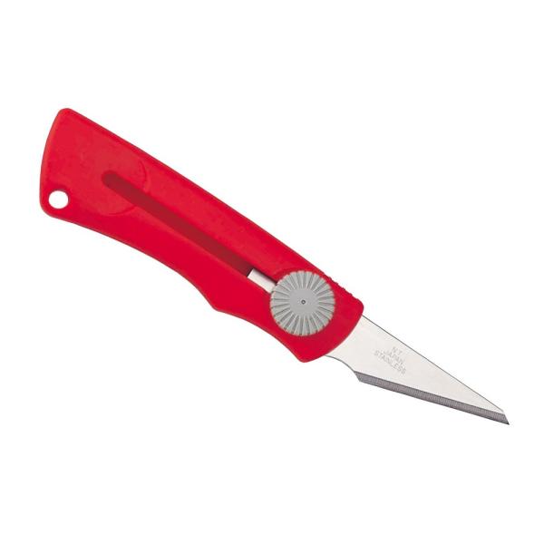 鉛筆削り・工作・DIY・アウトドアに最適なステンレスナイフ（M）。刃厚1.2mm・両刃。さびにくいステンレス刃使用。刃を本体に収納できます。BVM-51P（ハガネ・片刃）も使用できます。