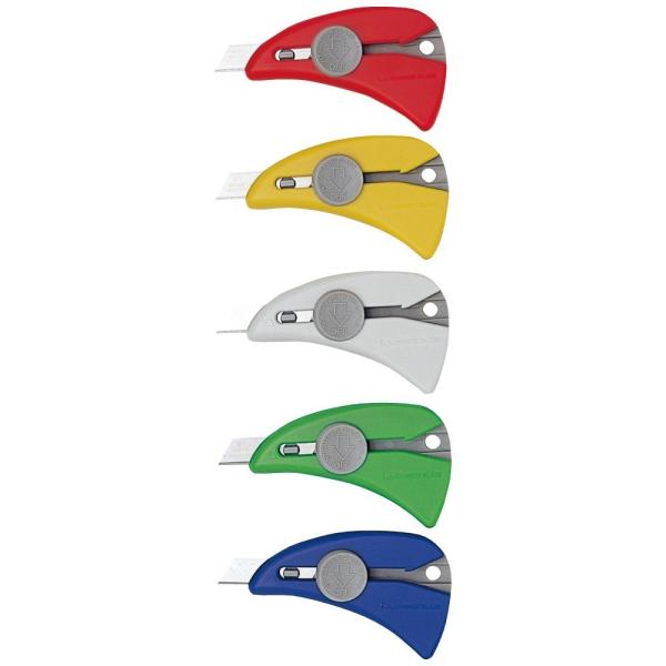 封筒、お菓子袋を開けたいときや、値札などのタグ切に便利なクイックナイフ。ワンタッチで刃が出て止まります。経済的な替刃式です！替刃は『BQ-11P』2枚入りをご利用ください。　ビビットカラー5色（ホワイト・グリーン・イエロー・レッド・ブルー)