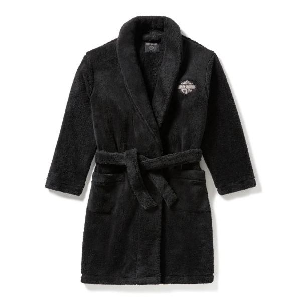 素材：ポリエステル100%の中厚ポーラーフリース。留め具：タイフロント。ポケット：フロントパッチポケット。デザイン：ショールカラー。グラフィック：ダイレクト刺繍。カラー:ハーレーブラック